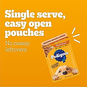 PEDIGREE CHOPPED GROUND DINNER Adult Soft Wet Dog Food, Beef, Bacon & Cheese Flavors, 3.5 oz Pouches, 16 Pack