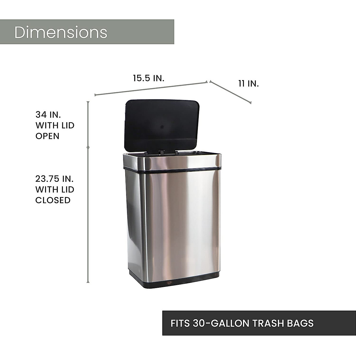 Hanover Home 33-in. Tall Hands-Free Steel Trash Can with Fingerprint-Resistant Finish and Soft-Close Motion Sensor Lid for Kitchen - 13.2 Gallons (50 Liters) in Black