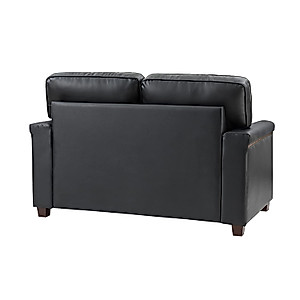 HULALA HOME 56" Genuine Leather Loveseat Sofa, Upholstered 2-Seater Couch with Nailhead Trim & Wooden Legs, Small Modern Love Seat for Living Room Bedroom Apartment Small Space, Black