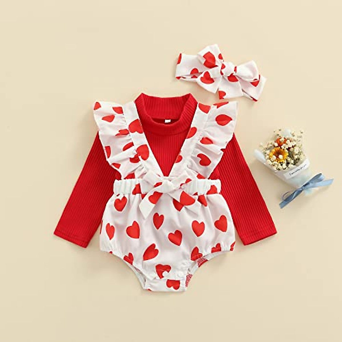 Kaipiclos Infant Baby Girl Valentine'S Day Outfits Ruffle Long Sleeve Pullover Love Heart Suspender Shorts Romper Fall Clothes