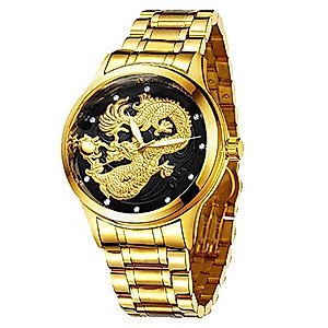 Udaney Mens Golden Dragon Watches Quartz Business Wristwatch Stainless Steel Strap Gifts for Father Husband