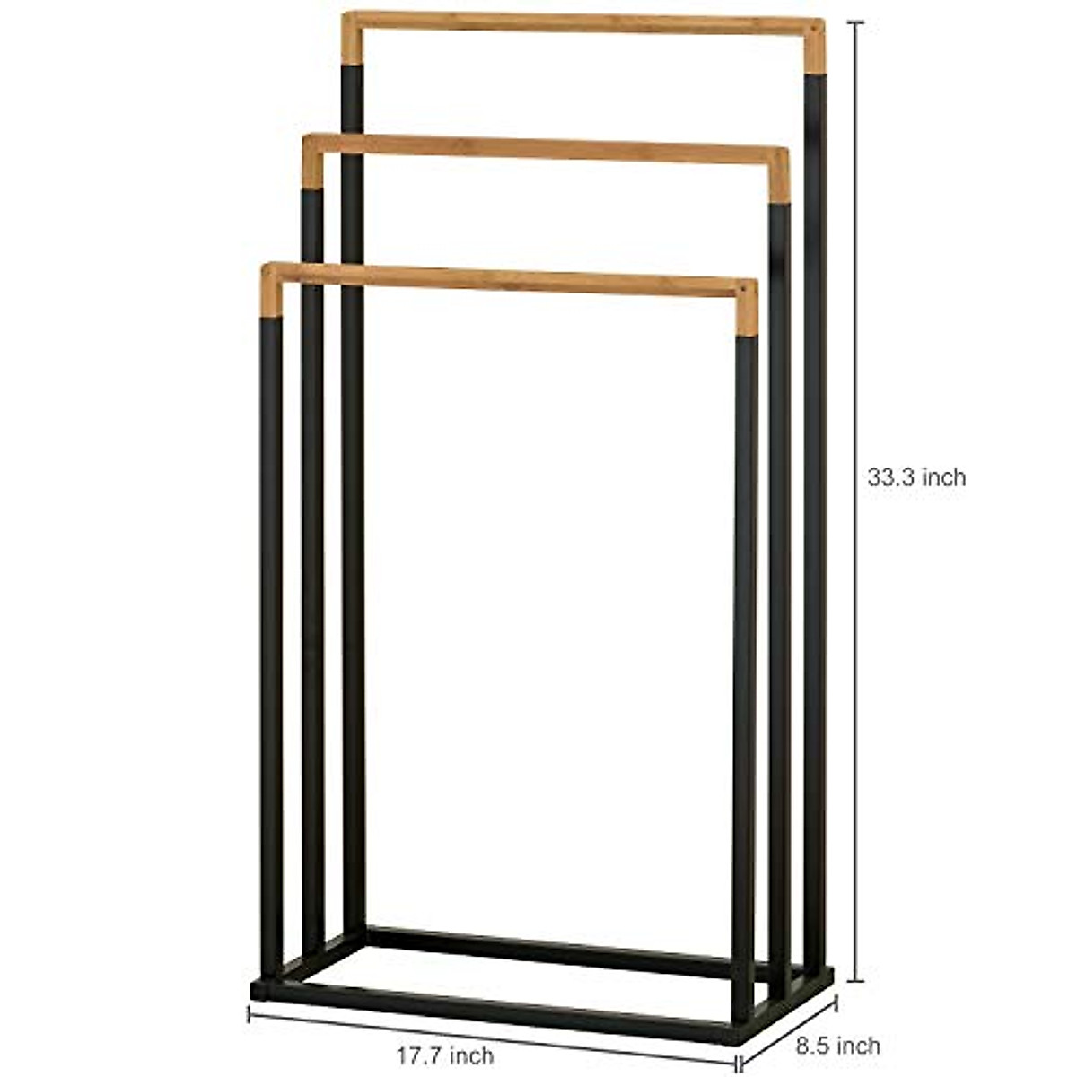 MyGift 33 Inch Black Chrome Plated Metal Freestanding Bathroom Towel Rack Stand with 3 Tier Bamboo Wood Bar, Laundry Room Drying Rack Stand