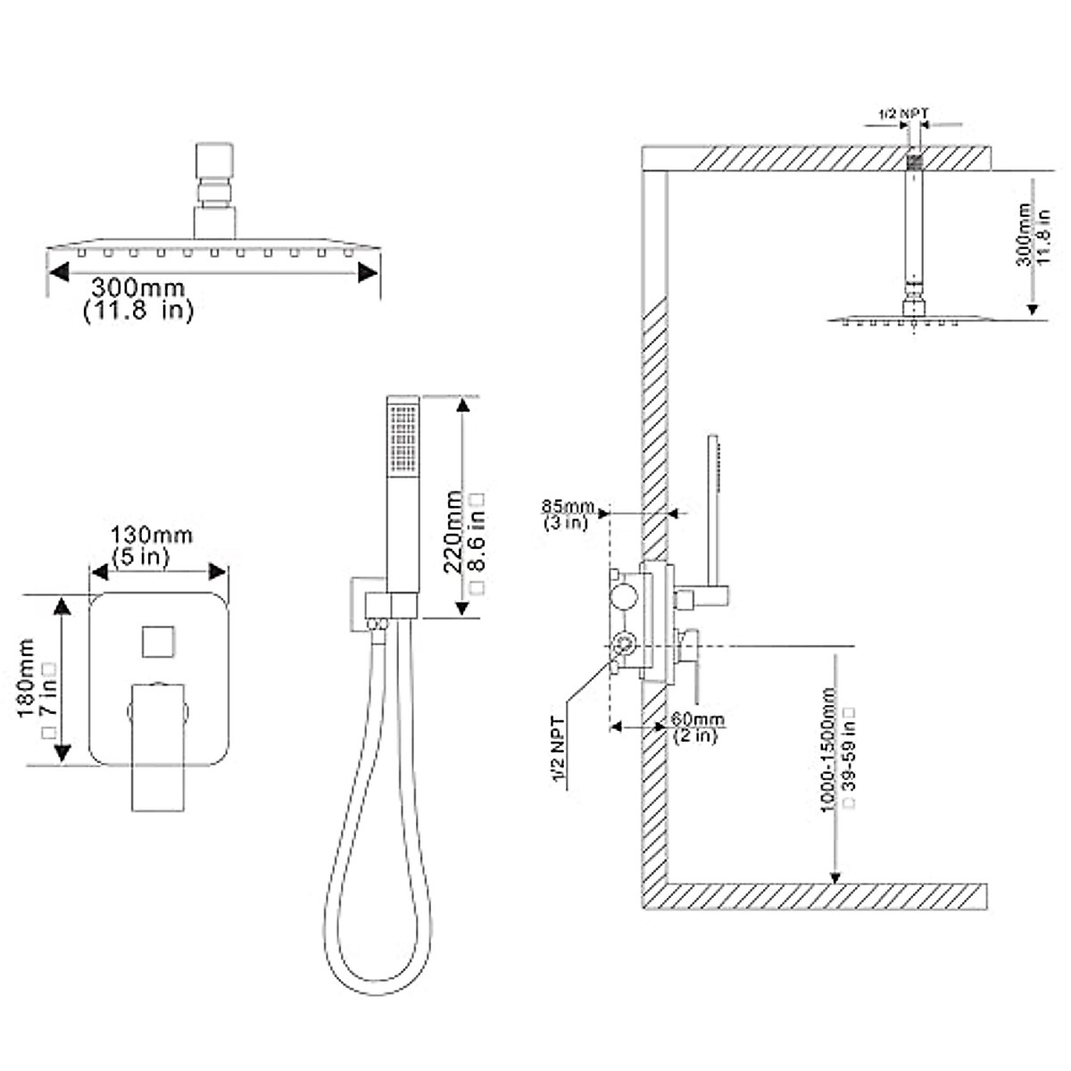 JingGang 12 Inch Ceiling Mount Matte Black Shower System Bathroom Luxury Rain Mixer Shower Combo Set Ceiling Rainfall Shower Head System (Contain Shower Faucet Rough-in Valve Body and Trim)