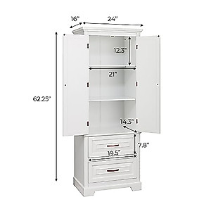 Teamson Home St. James Freestanding Adjustable Shelves 2 Drawers 5 Spaces and 2 Doors Wooden Linen Tower Storage Cabinet, White