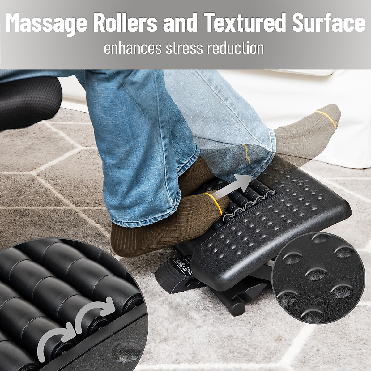 Mind Reader Adjustable Height Ergonomic Foot Rest with Massage Rollers, Black
