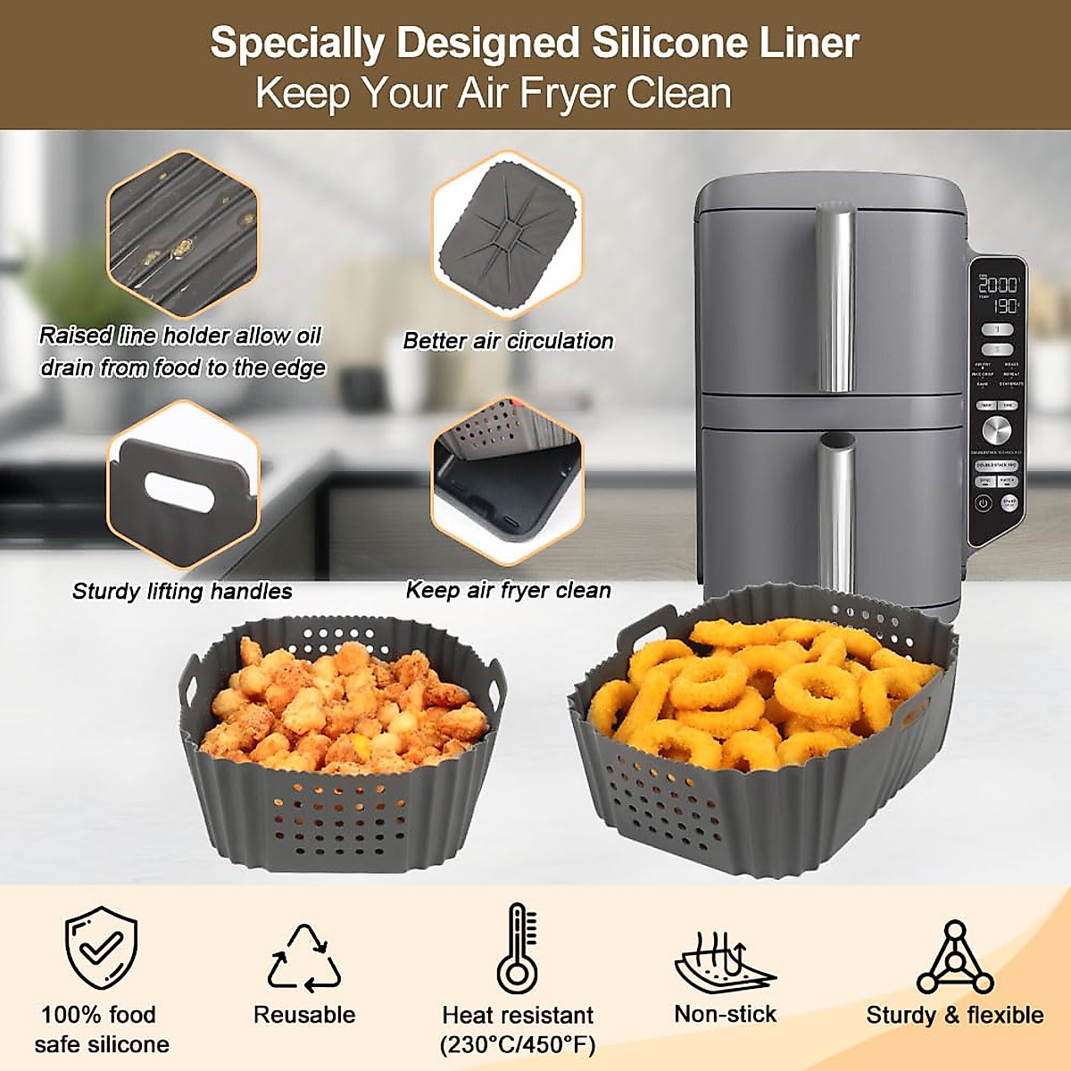 BYKITCHEN Silicone Air Fryer Liners for Ninja SL401/DZ201/DZ401/DZ550 Double Stack 2 Basket Air Fryer, Rectangle Perforated Dual Air Fryer Silicone Liners, Ninja DoubleStack XL Air Fryer Accessories