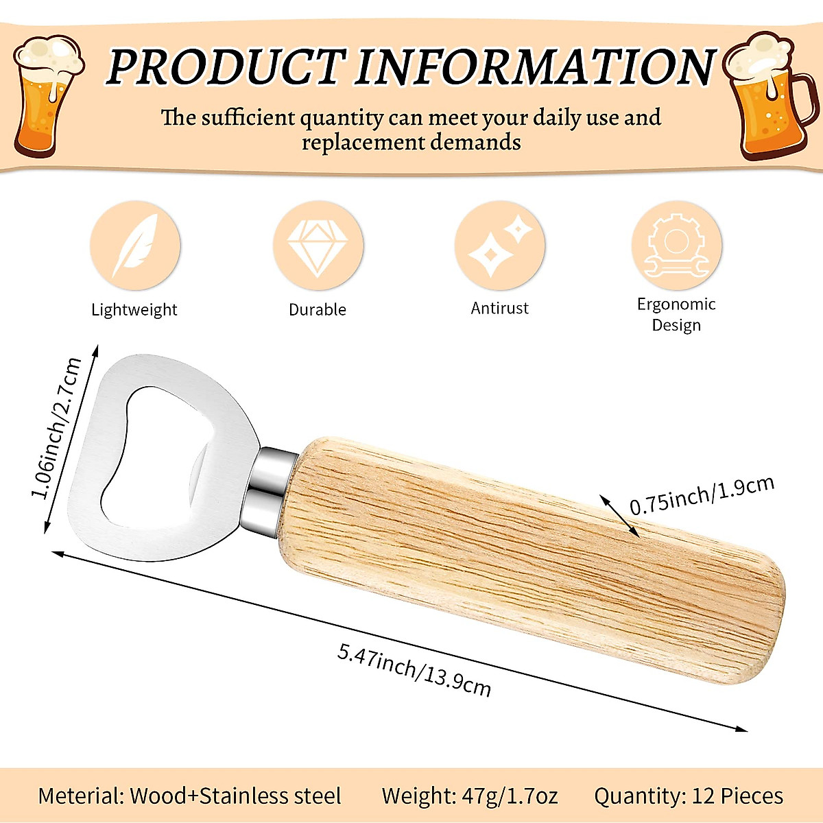 12Pcs Wood Bottle Openers, Bartender Bottle Openers, Engravable Beer Bottle Openers, Cider, Soft Drinks Bottle Opener for Home, Bar or Restaurant-Wood Handle Handheld