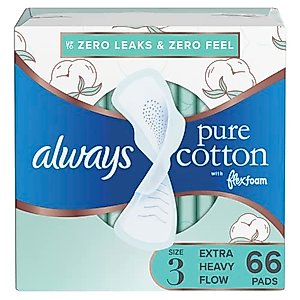 Always Pure Cotton Feminine Pads for Women, Size 3, Extra Heavy Flow, with wings, Unscented, Free of Dyes, Fragrances, and Chlorine Bleaching, 22 Count x 3 Packs (66 Count total)