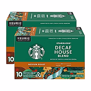 Starbucks Decaf House Blend Coffee K-Cup Pods, Medium Roast Decaffeinated Ground Coffee K-Cups for Keurig Brewing System, 10 CT K-Cups/Box (Pack of 2)