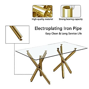 Ebullient Glass Dining Table,63 in 4-6 Person Home Dining Table Large Size Kitchen and Dining Room Table with Tempered Glass top and Gold Metal Legs, Modern Rectangular Dining Table……