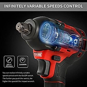 MANUSAGE Cordless Impact Wrench - 20V Max Torque 260 Ft-lbs (350N.m), Brushless Power, 2.0Ah Li-ion Battery & Fast Charger, 5 Sockets Included