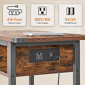 HOOBRO Narrow LED End Table with Charging Station, Small Side Table Outlets, Nightstand with USB C Port, Skinny Couch Table, for Living Room, Bedroom, Bedside, Rustic Brown and Black BF130UDBZ01