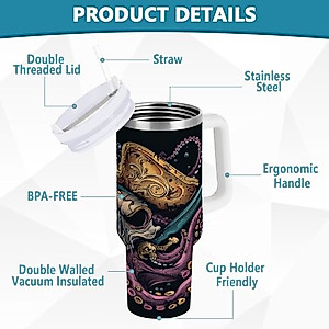 Jihqo Octopus Skull Pirate 40 oz Stainless Steel Vacuum Insulated Tumbler with Handle and Straw Lid, Leakproof Water Bottle Double Wall Travel Mug Coffee Cup, Cupholder Friendly