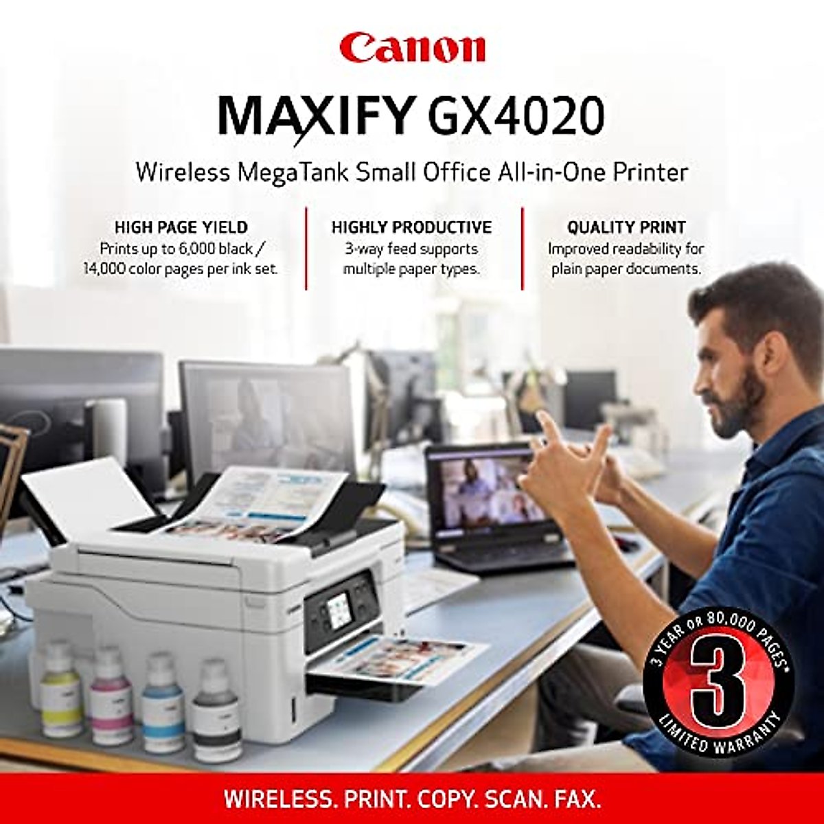 Canon Megatank GX4020 All-in-One Wireless Supertank Printer with Print, Copy, Scan and Fax | Auto Document Feeder | Mobile Printing | 2.7" LCD Touch Screen
