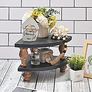 Donmills 2 Pieces Farmhouse Wood Corner Counter Shelf for Kitchen Countertop Organizer, Wood Counter Stackable Corner Pedestal Stand Tray Riser Shelves Cabinet Shelves Spice Rack Organizer Black