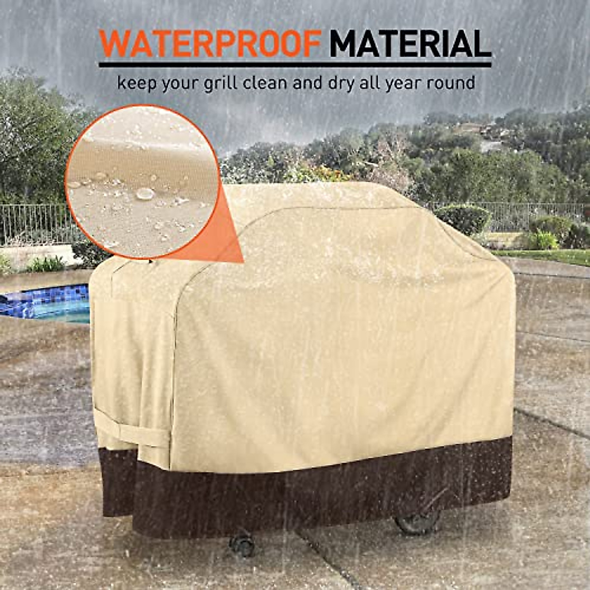 Arcedo BBQ Grill Cover, Heavy Duty 55 Inch Waterproof Gas Grill Cover for Weber Charbroil Nexgrill Brinkmann Grills and More, UV Resistant Outdoor 3-4 Burner Barbecue Cover with Air Vents, Beige&Brown