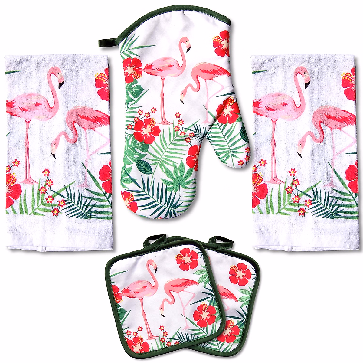 Lobyn Value Packs - 5 Piece Tropical Kitchen Towel Set: Features Flock of Pink Flamingos, 2 Decorative Dish Towels, 1 Oven Mitt, and 2 Potholders