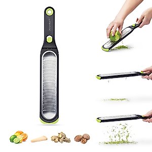Dreamfarm Ozest Self-Cleaning POP-Button Zester for Fine, Fluffy Citrus Zest, Cheese, Nut, & Spices with Non-Slip Silicone Foot - 1mm Zester, Black/Green