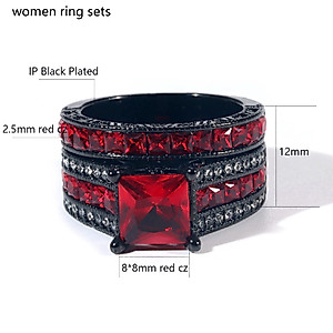 ringheart 2 Rings His and Her Ring Couple Rings Matching Ring 1.5ct Red CZ Womens Wedding Ring Sets Titanium steel Mens Wedding Bands