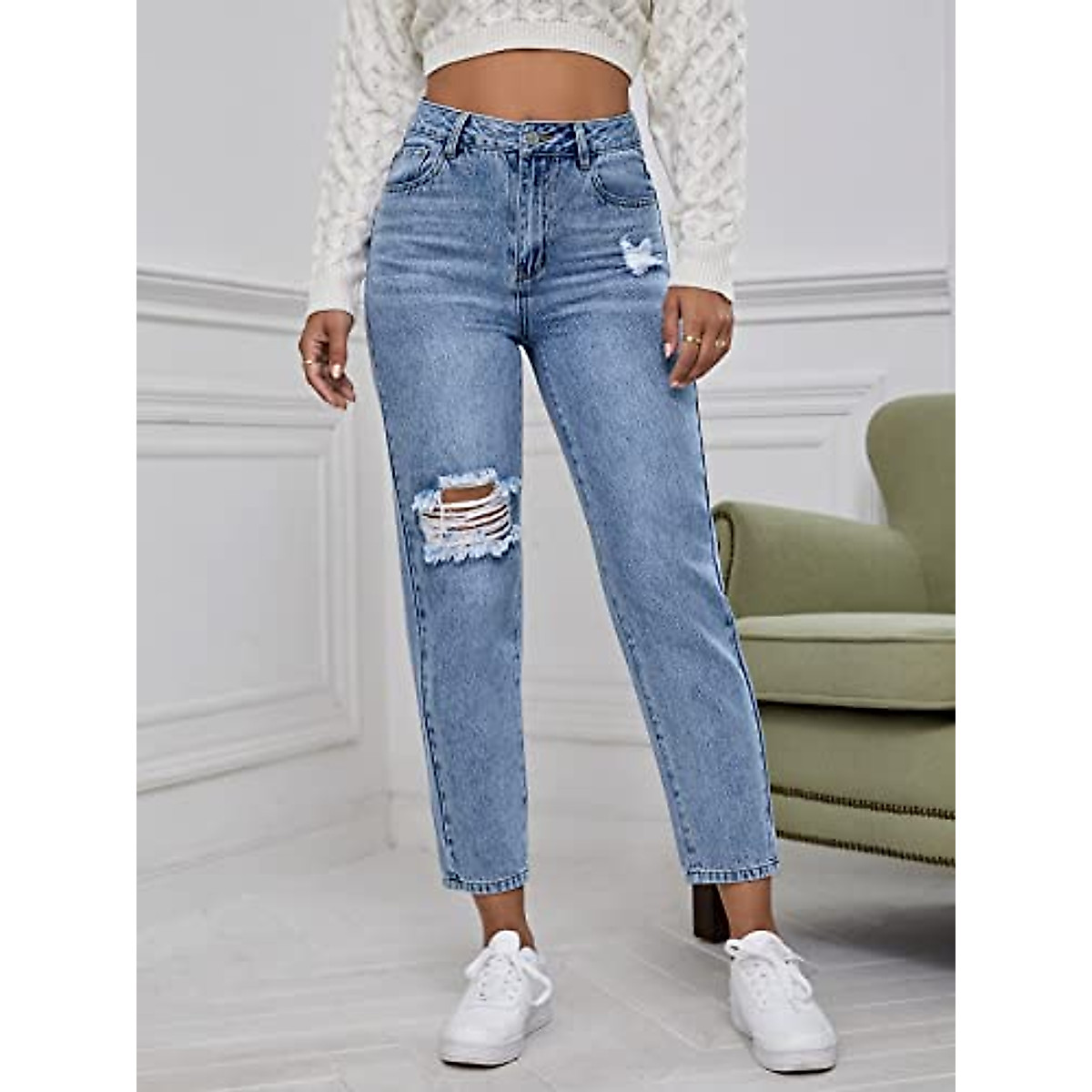 WDIRARA Women's High Waisted Ripped Jeans Distressed Tapered Stretchy Denim Pants Light Wash L