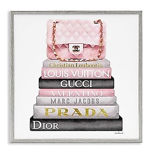 Stupell Industries Watercolor High Fashion Bookstack Padded Pink Bag, Design by Amanda Greenwood Wall Art, 17 x 17, Gray Framed