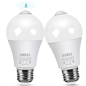 OHLUX Motion Sensor Light Bulbs Outdoor, 13W(120W Equivalent) Movement Activated Dusk to Dawn Security LED Bulb, A19 E26 5000K Bright White for Front Door Porch Garage Basement Hallway 2 Pack