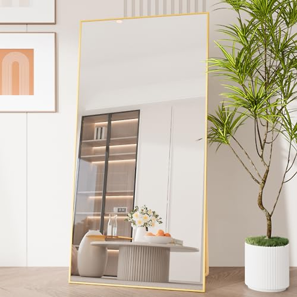 LFT HUIMEI2Y 71" x 32" Full Length Mirror with Stand, Large Floor Length Mirror, Full Body Tempered Mirror with Aluminum Alloy Frame for Living Room, Bedroom, Gym, Hanging or Leaning, Gold