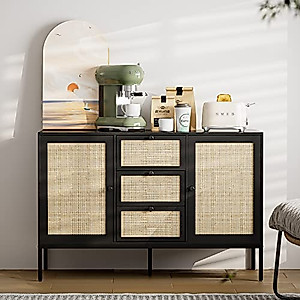 IKIFLY Rattan Sideboard Buffet Cabinet, Boho Rattan Storage Cabinet with 3 Drawers and 2 Doors, Accent Console Table Cabinet for Living Room, Kitchen, Dining Room, Entryway - Black