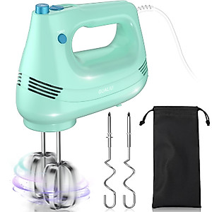 GUALIU Electric Hand Mixer with Stainless Steel Whisk, Dough Hook Attachment and Storage Bag, Handheld Mixer for Baking Cakes, Eggs, Cream Food Mixers. Turbo Boost /5 Speed Kitchen Blender GREEN