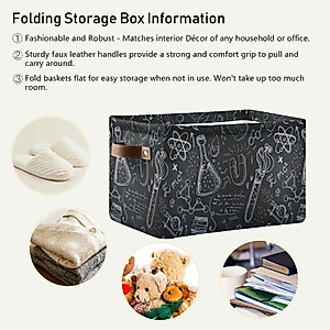 White Science Lab Objects Doodles on Chalkboard 1 PC Rectangle Storage Basket Collapsible Fabric with Leather Handles Bag Organizer Clothes for Home Bedroom 15 x 11 x 9.5 in