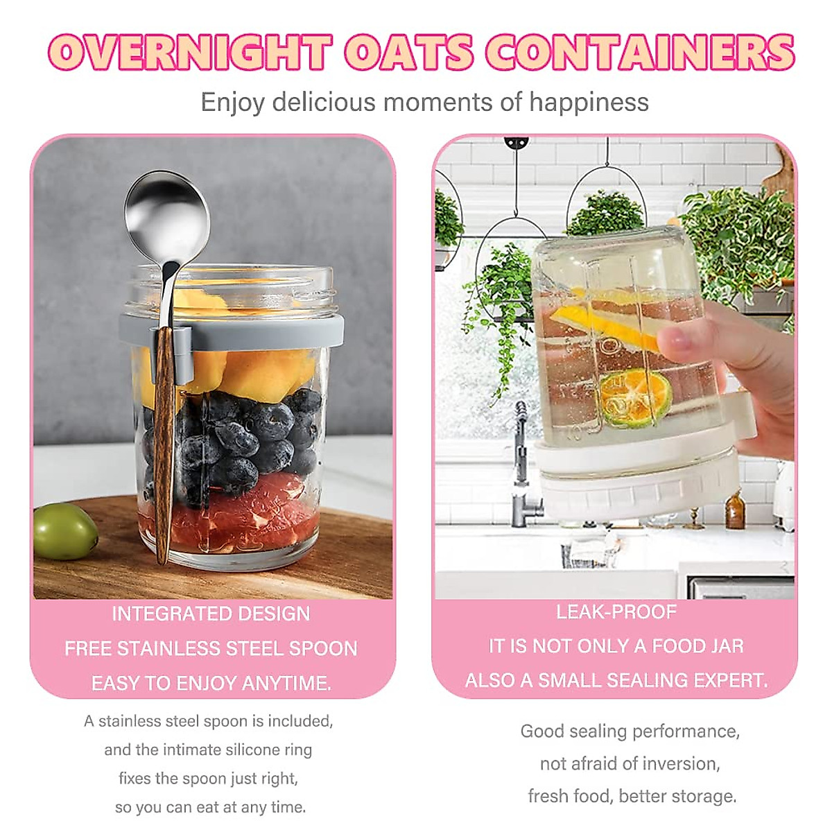 KISCVXE Overnight Oats Containers with Lids and Spoon,Overnight Oats Jars,10 Oz Cereal Dispenser,with Measurement Marks,Cereal, Milk, Vegetable Fruit Salad Storage Container 2PCS