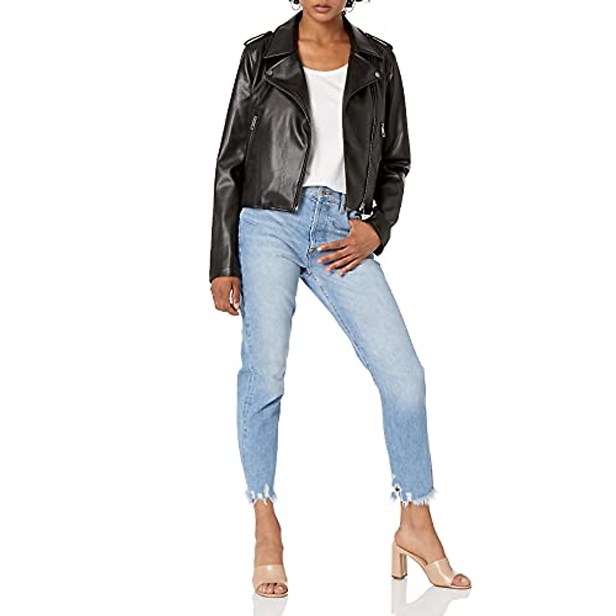 The Drop Women's Heather Faux Leather Moto Jacket, Black, M