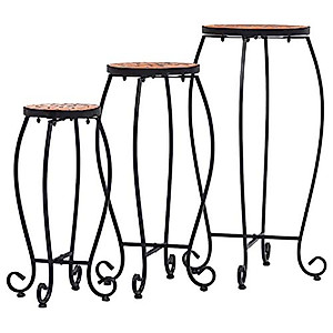 SecondBoy Set of 3 Size Outdoor Side Table Patio Table Garden Plant Stand Iron Frame Scroll Leg Round Top Mosaic Terracotta Ceramic