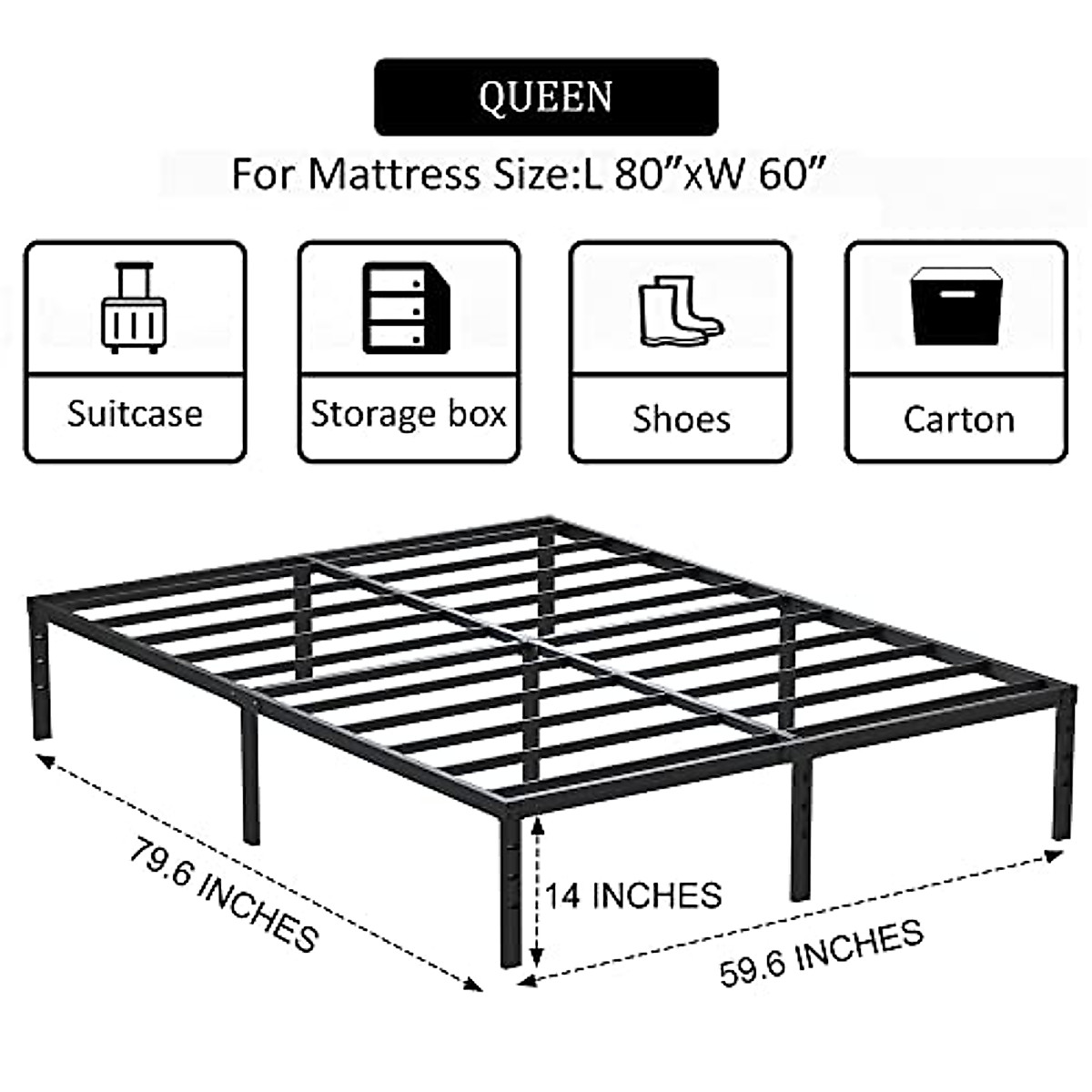 ALDRICH 14 Inch Metal Bed Frame Queen Size - Double Black Basic Anti Squeak Steel Slats Platform, Easy Assembly Heavy Duty Noise Free Bedframes, No Box Spring Needed