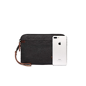 Canvas Wristlets Bag Large Clutch Bag Wallet Purse Zipper Pouch Handbag Organizer with Leather Strap Wristlet Purse for Men (Black)