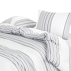 Wake In Cloud - Grey and White Comforter Set King Size, 3 Pieces Lightweight Bedding for Men and Women, Gray Neutral Farmhouse Aesthetic Stripes Striped