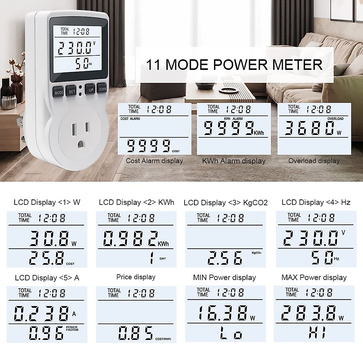 KETOTEK Watt Meter Power Meter Plug Electricity Usage Monitor, Energy Monitor with Backlight, Kilowatt Meter Socket Outlet, Voltage Amps Power Consumption Meter, Overload Protection