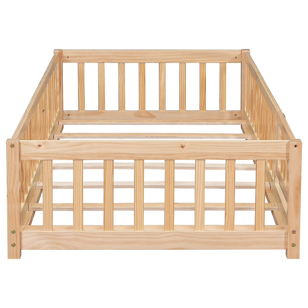 CITYLIGHT Twin Size Floor Bed with Rails and Door, Wood Montessori Floor Bed Twin Size with Support Slats, Kids Twin Bed Frame for Boys,Girls, Natural