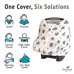 Baby Leaf Covers - Stretchy Multi Use Infant Car Seat and Stroller Canopy with Double Zipper, Breathable Nursing Poncho and Breastfeeding Scarf, Woodland