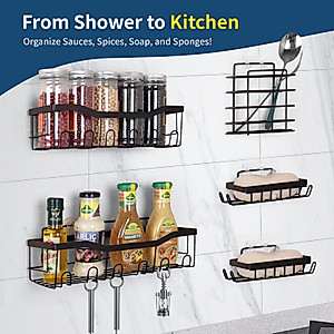 Zyerch Shower Caddy 5 Pack Stainless Steel, Adhesive Bathroom Shower Organizers, Wall Shelves for Bathroom, Laundry Room, Toilets and Kitchen, Storage & Decoration, No Drilling, Large Capacity, Black