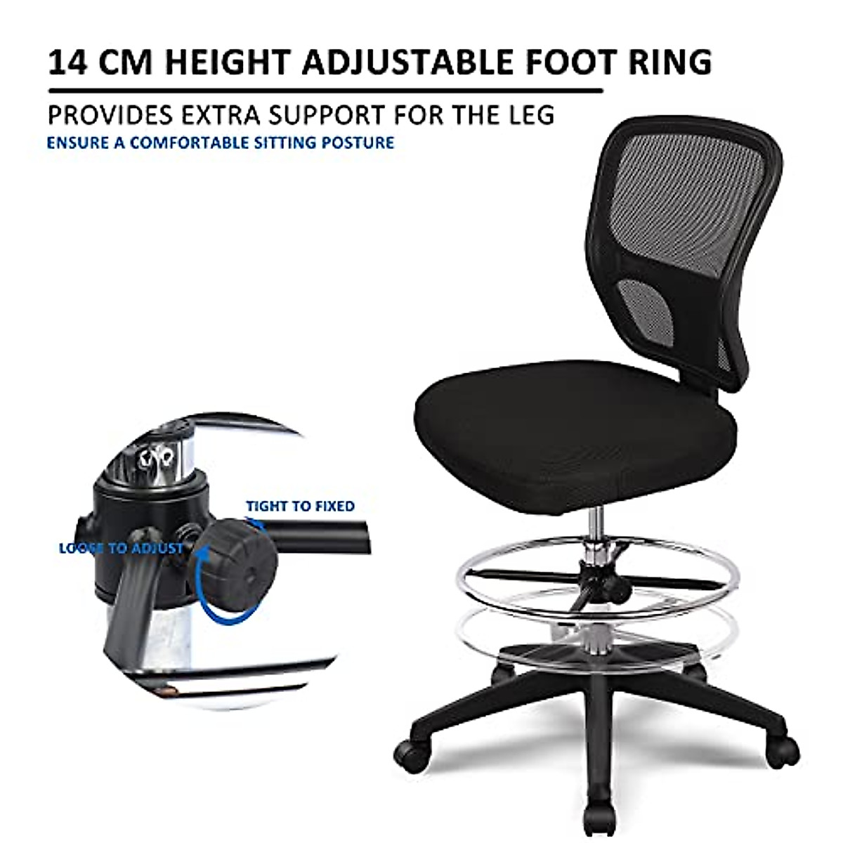 Mesh Drafting Chair Tall Office Chair Ergonomic Standing Desk Chair with Tilt Seat and Adjustable Foot Ring (Black)