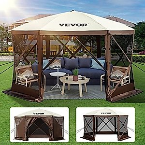 VEVOR 12x12ft Camping Gazebo Screen Tent, 6 Sided Pop-up Canopy Shelter Tent with Mesh Windows, Portable Carry Bag, Stakes, Large Shade Tents for Outdoor Camping, Lawn and Backyard