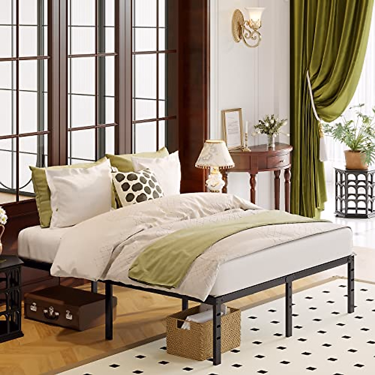 zunatu 18 Inch Full Metal Bed Frame Foundation No Box Spring Needed Heavy Duty Tall Platform with Large Storage Easy Assembly Mattress Noise Free, Black