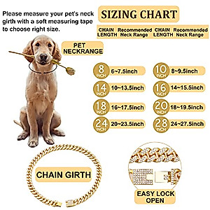 Flatfoosie Cuban Link Dog Collar Gold Silver Color Metal Chain Diamond Pet Collars for Dogs Cats Jewelry 8/10/14/16/18/20/24/28 Inch (16inch, Gold)