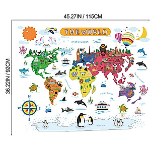 Removable Cartoon Animals World Map Wall Decals Large Educational Animal Landmarks World Map Peel & Stick Wall Sticker Decor for Kids Bedroom Living Room Classroom Nursery Home Walls (L 36"x45")
