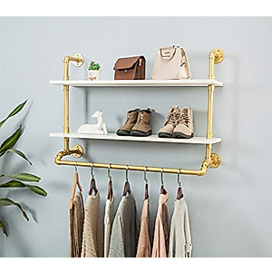 FOF FRIEND OF FAMILY Industrial Pipe Garment Rack with Double Tier shelves, Wall Mounted Clothes Rod for Clothing Storage, Gold&White Color, 40" Wide