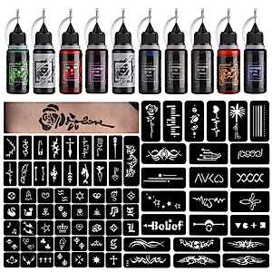 STIGMA Temporary Tattoo Kit 10 Bottles Color Inks, 84 Pcs Stencils Kit for Body Paint DIY Tattoos Temp, DIY Fake Tattoo for Women Kids (Black*2, Cyan, Red, Green, Blue,Purple,Brown*2,Orange)