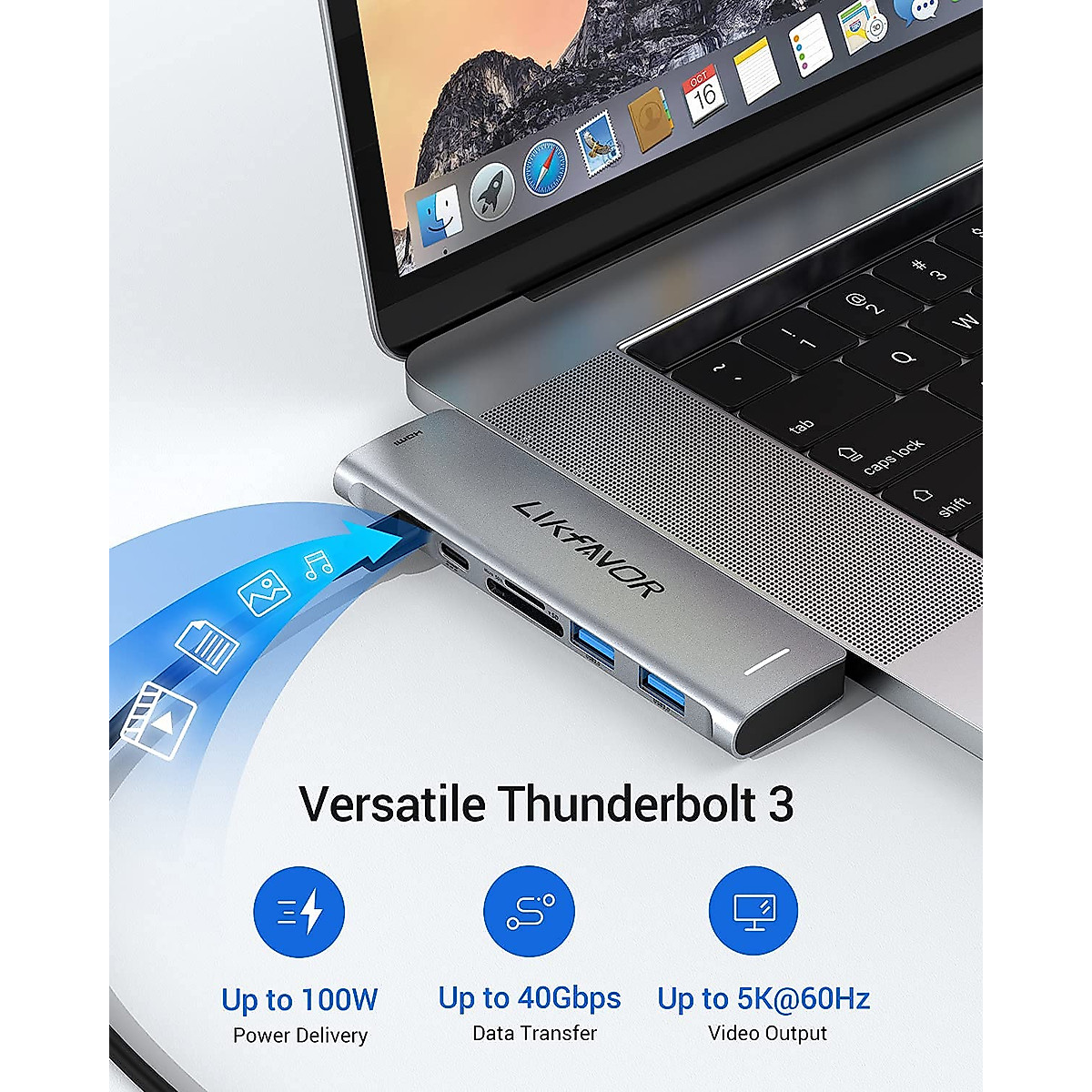 LIKFAVOR USB C Hub, 7-in-2 Type-C Docking Station, USB to HDMI Dongle for MacBook Pro/Air, PD 3.0 Charging, Multiport Adapter with 4K HDMI, SD/TF, and Thunderbolt 3 100W, 40Gbps Data Transfer