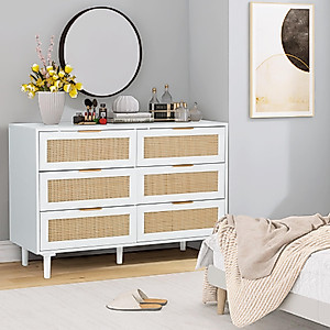FUQARHY 6 Drawer Dresser Rattan Dresser Modern Chest with Drawers,Wood Storage Closet Dressers Chest of Drawers for Bedroom,Living Room,Hallway (White)