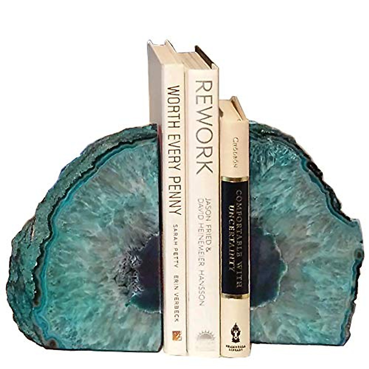 AMOYSTONE Teal Agate Bookends Geode Book Ends Heavy Duty Bookend Holder Decor with Rubber Bumpers Small(1 Pair, 2-3 LBS)